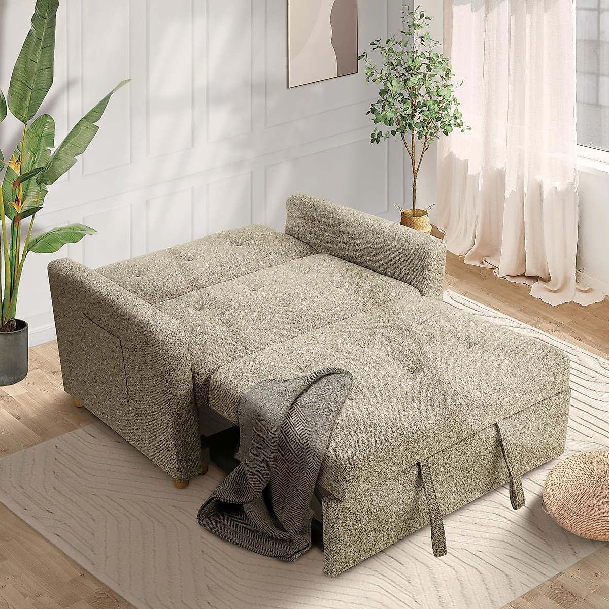 SEJOV 3-in-1 Convertible Sofa Bed, Linen Fabric Pull Out Couch Bed, Adjustable Backrest Futon Sofa Chair, Loveseat which Easy to Assembly, Sturdy Recliner for Living Room, Apartment, Brown Grey