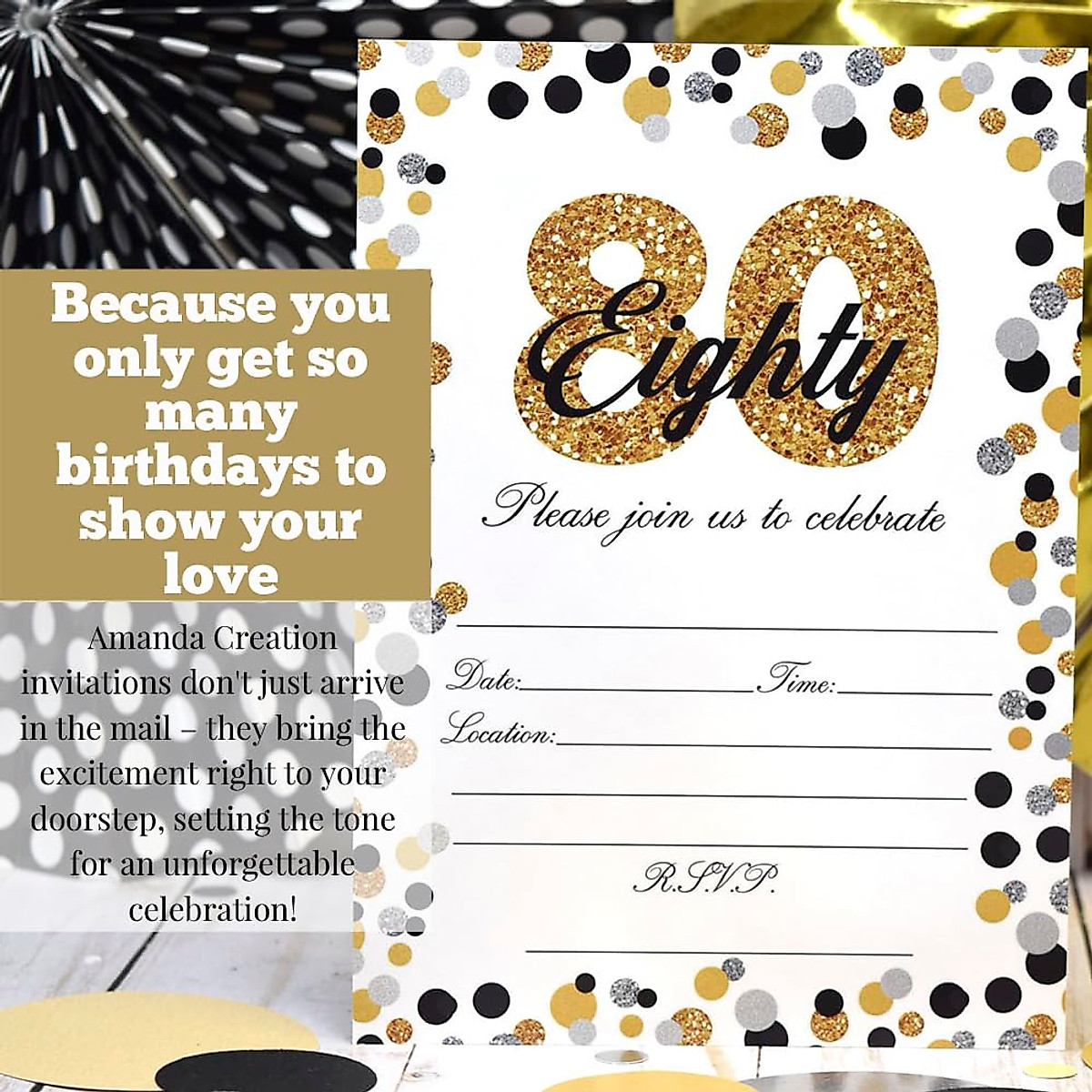 Confetti Polka Dot 80th Birthday Party Invitations, 20 5x7 Fill In Cards with Twenty White Envelopes by AmandaCreation