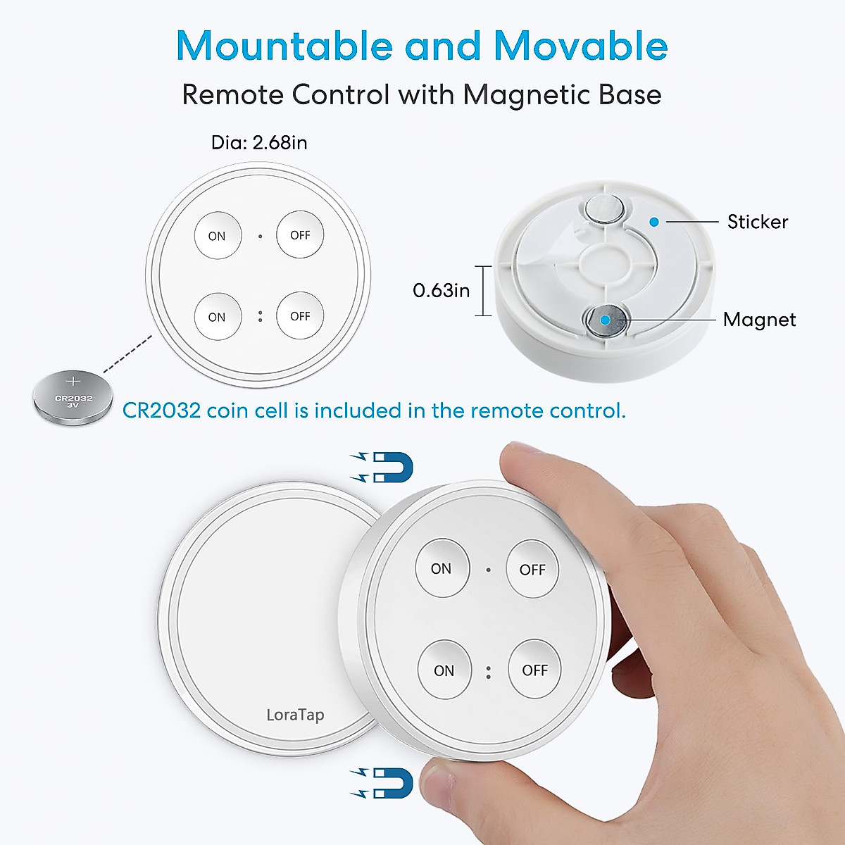 LoraTap Mini Remote Control Outlet Plug Adapter with Remote, 656ft Range Wireless Light Switch for Household Appliances, No Hub Required, 10A/1100W, White, 2 Years Warranty (One Remote + 2 Outlets)