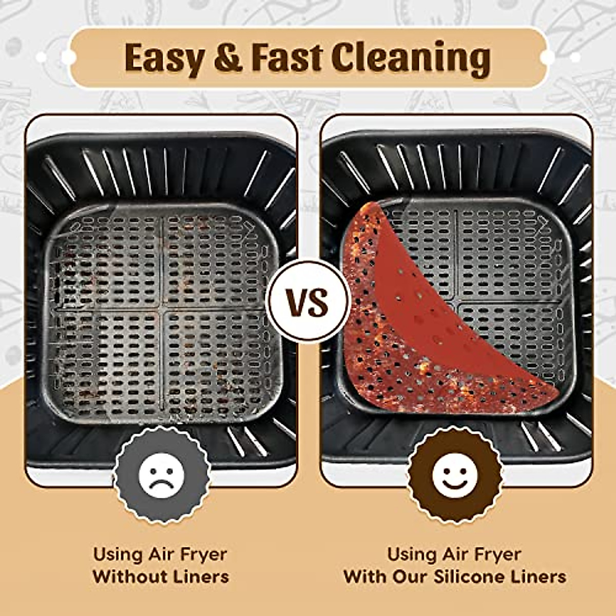 Reusable Silicone Air Fryer Liners by Linda’s Essentials (3 Pack) - Non Stick Easy Clean Air Fryer Liners Reusable Mats Air Fryer Accessories Includes Cheat Sheet And Recipe Book (Square (8.5 Inches))