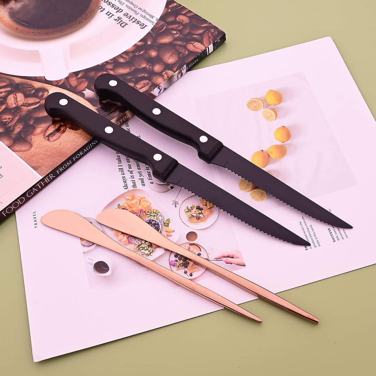 Uniturcky 62-Piece Rose Gold Flatware Set for 8 Stainless Steel Silverware Set with Steak Knives, Plus Reusable Metal Straws and Butter Knives, Party Tableware Cutlery Set, Mirror Polished