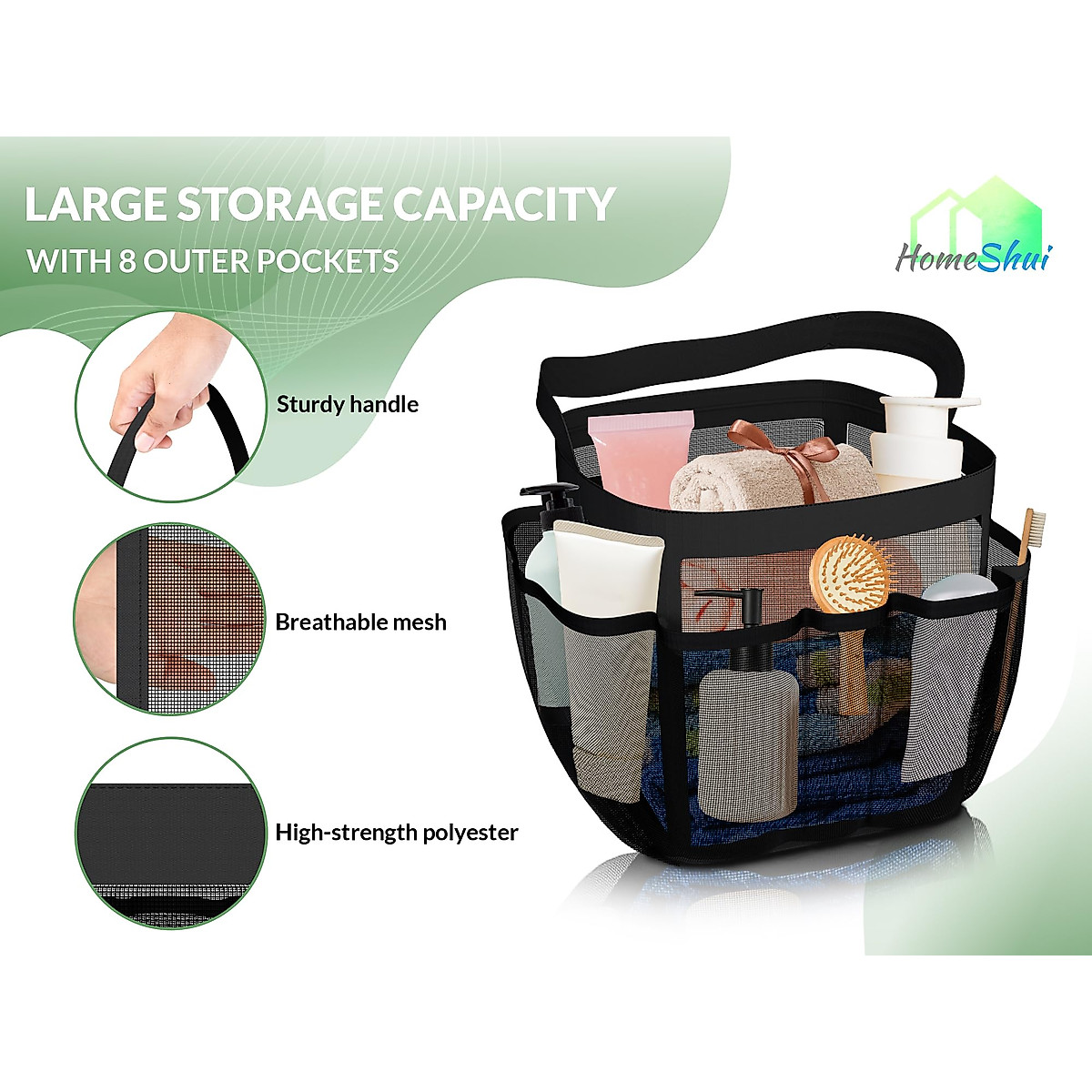 HomeShui Mesh Shower Caddy Dorm - Portable Shower Caddy Basket - Quick-Dry Mesh Shower Bag with 8 Pockets - Bath Caddy - Travel Shower Caddy College