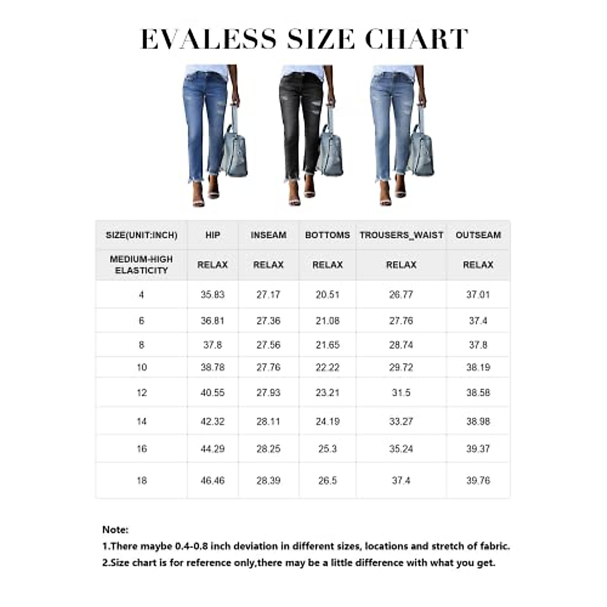 EVALESS Women Destroyed Raw Hem Straight Leg Skinny Jeans Ripped Hole Boyfriend Denim Pants Blue 10