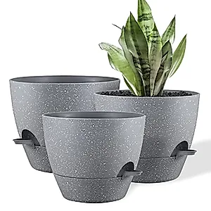 Warmplus Plastic Plant Pots Set of 3, 10/9/8 Inch Planters for Indoor, Plants with Drainage Holes and Watering Lip for Snake Plant, African Violet, Aloe and Most House Plants, Grey