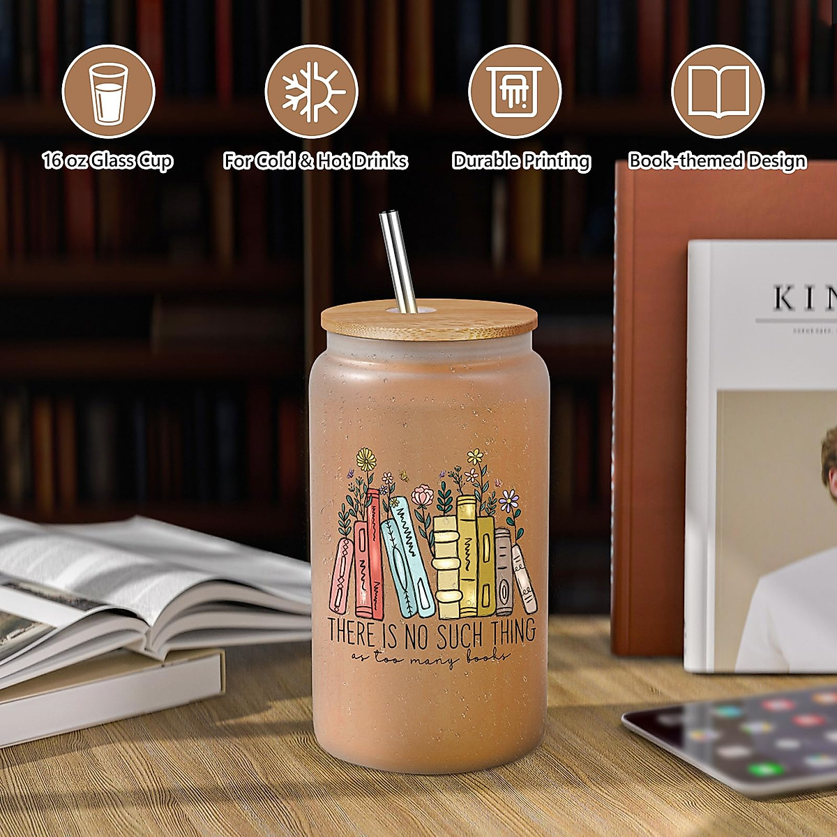 LEADO 16 oz Glass Cups with Lid and Straw - Book Gifts, Book Lovers Gifts - Bookish Gifts, Birthday, Christmas Gifts for Book Lovers, Readers, Bookworm - Book Themed Gifts, Book Accessories