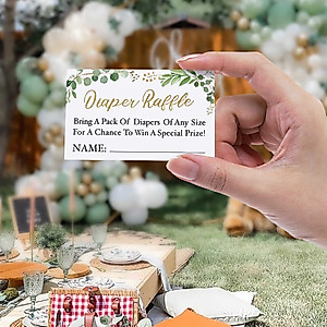 Diaper Raffle Tickets, Diaper Raffle Sign, Greenery Insert Ticket, Golden Baby Showers Decorations，Card for Baby Shower Game to Bring a Pack of Diapers(1 Sign+50 Cards)