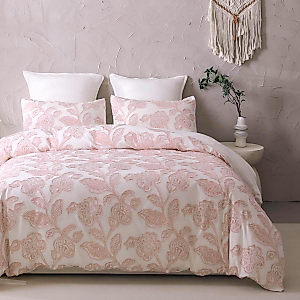 meadow park Cotton Clipped Jacquard Duvet Cover Set Twin, 2 Pieces Jacobean Floral Bedding Set (Pink, Twin)