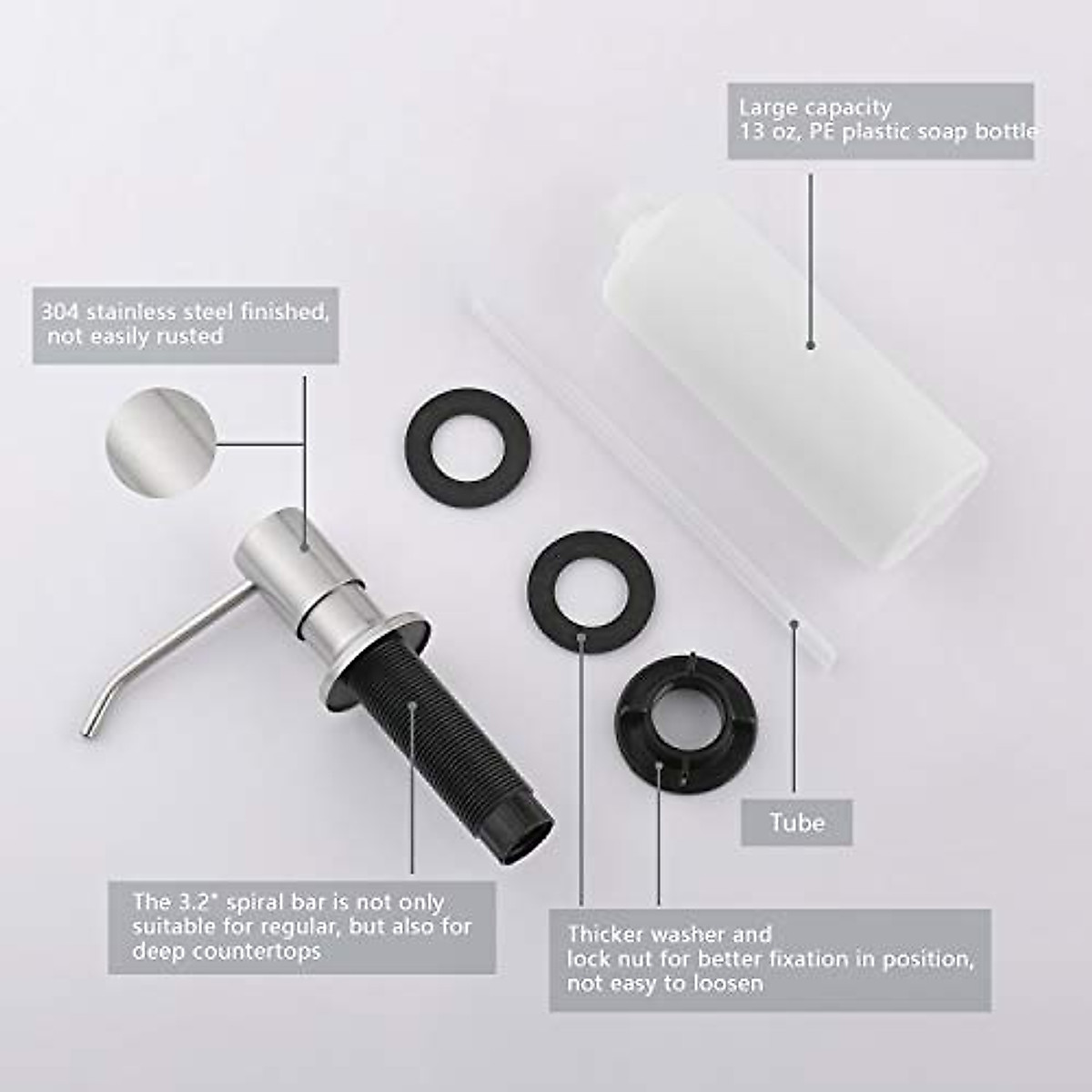 Soap Dispenser for Kitchen Sink, Stainless Steel Built in Sink Soap Dispenser Lotion Dispenser with 13 Ounce Bottle, Brushed Nickel (YardMonet)