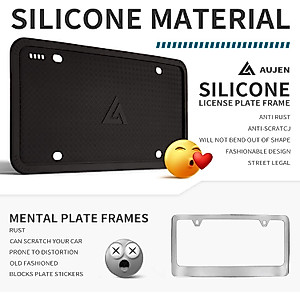 Aujen Silicone Black License Plate Frames, 2 Pack Universal Car License Plate Holders, Rust-Proof and Weather-Proof Accessories (Black)