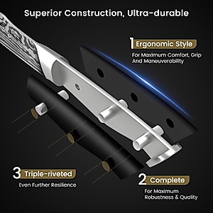 CoquusAid Steak Knives Set of 6, 4.8 Inch Non Serrated Razor-Sharp Durable Dinner knives with Rest, German Stainless Steel Damascus Pattern Full Tang Forged, Rust Resistant & Easy to Maintain