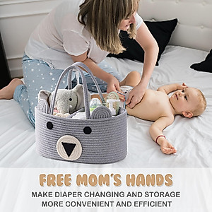 InfiBay Baby Diaper Caddy Organizer, Large Bear Cotton Rope Nursery Baby Shower Gifts, Changing Basket Table Baby Diaper Storage Portable Car Organizer, Baby Newborn Essentials-Gray