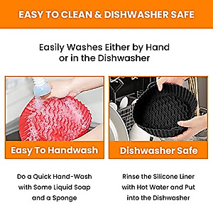 2 Pcs Air Fryer Silicone Liners Pot for 4 to 7 QT - 8 Inch Reusable Air Fryer Liners with 1 Pack of Black Silicone Mitt - Replacement of Flammable Parchment Liner Paper (Black & Red)