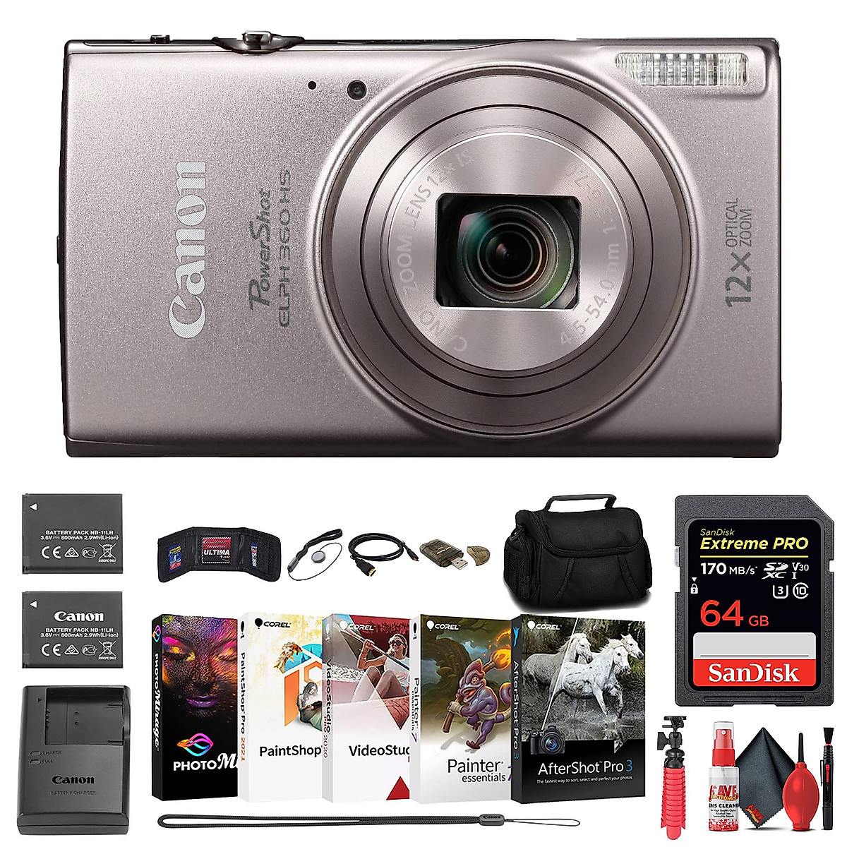 Canon PowerShot ELPH 360 HS Digital Camera (Silver) (1078C001) + 64GB Memory Card + NB11L Battery + Case + Charger + Card Reader + Corel Photo Software + HDMI Cable + Flex Tripod + More (Renewed)