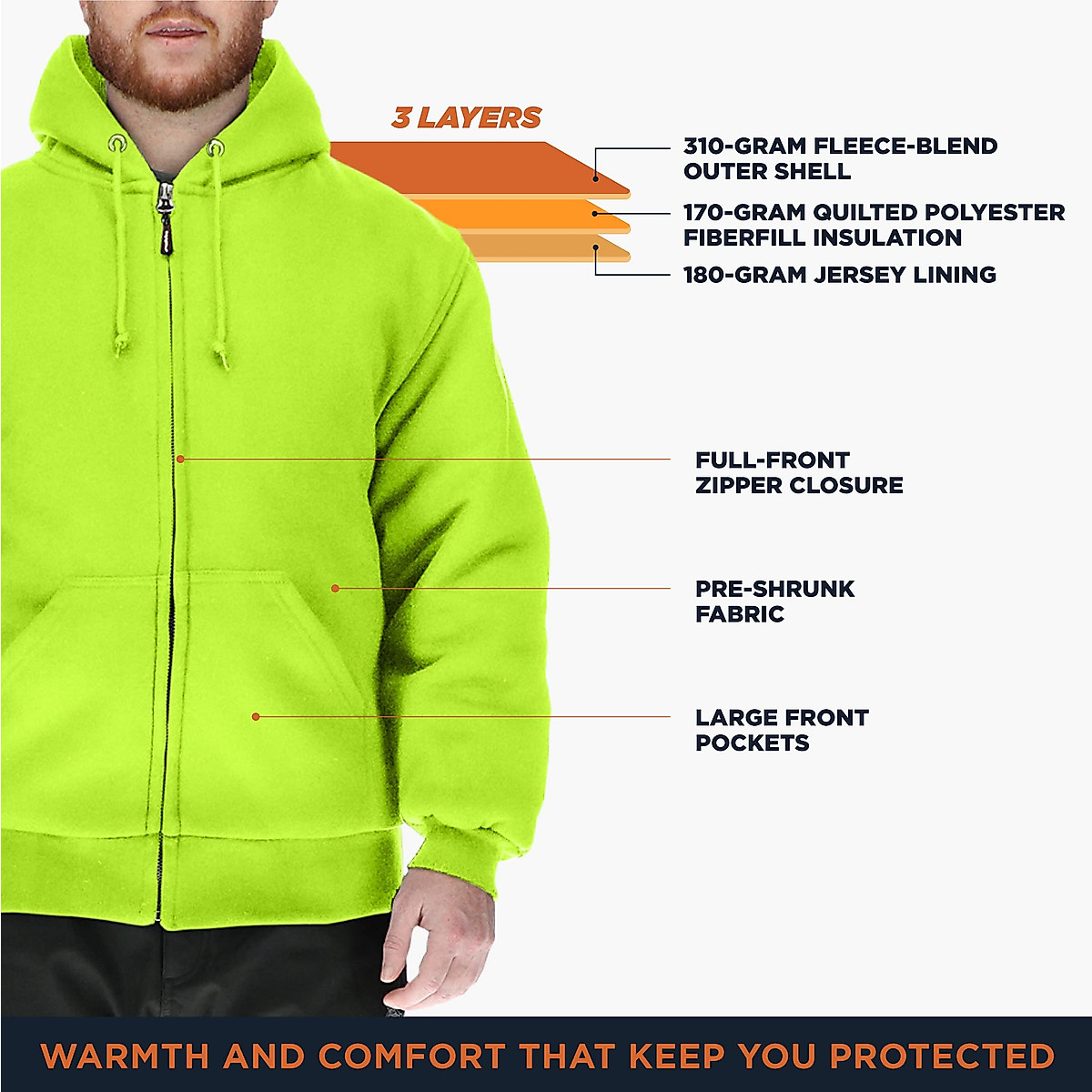 RefrigiWear Men's Insulated Quilted Zip-Up Sweatshirt with Hood, X-Large, High Visibility Lime