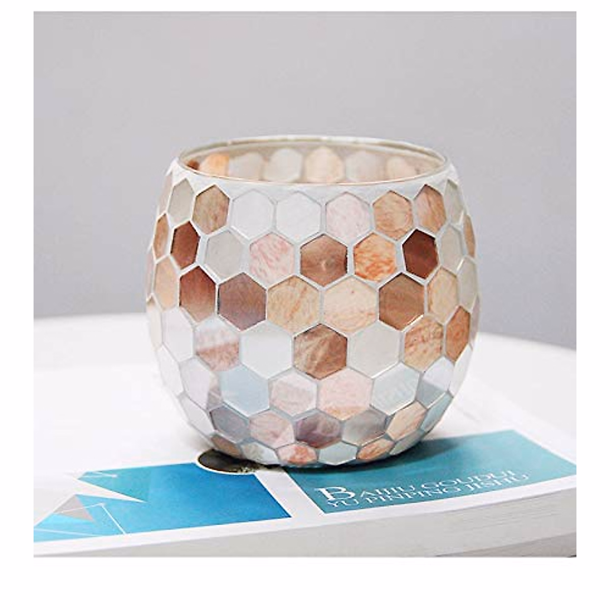 Votive Candle Holder Centerpiece, Mosaic Glass Tealight Holders for Home Decor, Table, Party Decorations, Handmade Gifts for Her, Vase for Potted Plants Bowl, Set of 2 (Shell Hive X 2)