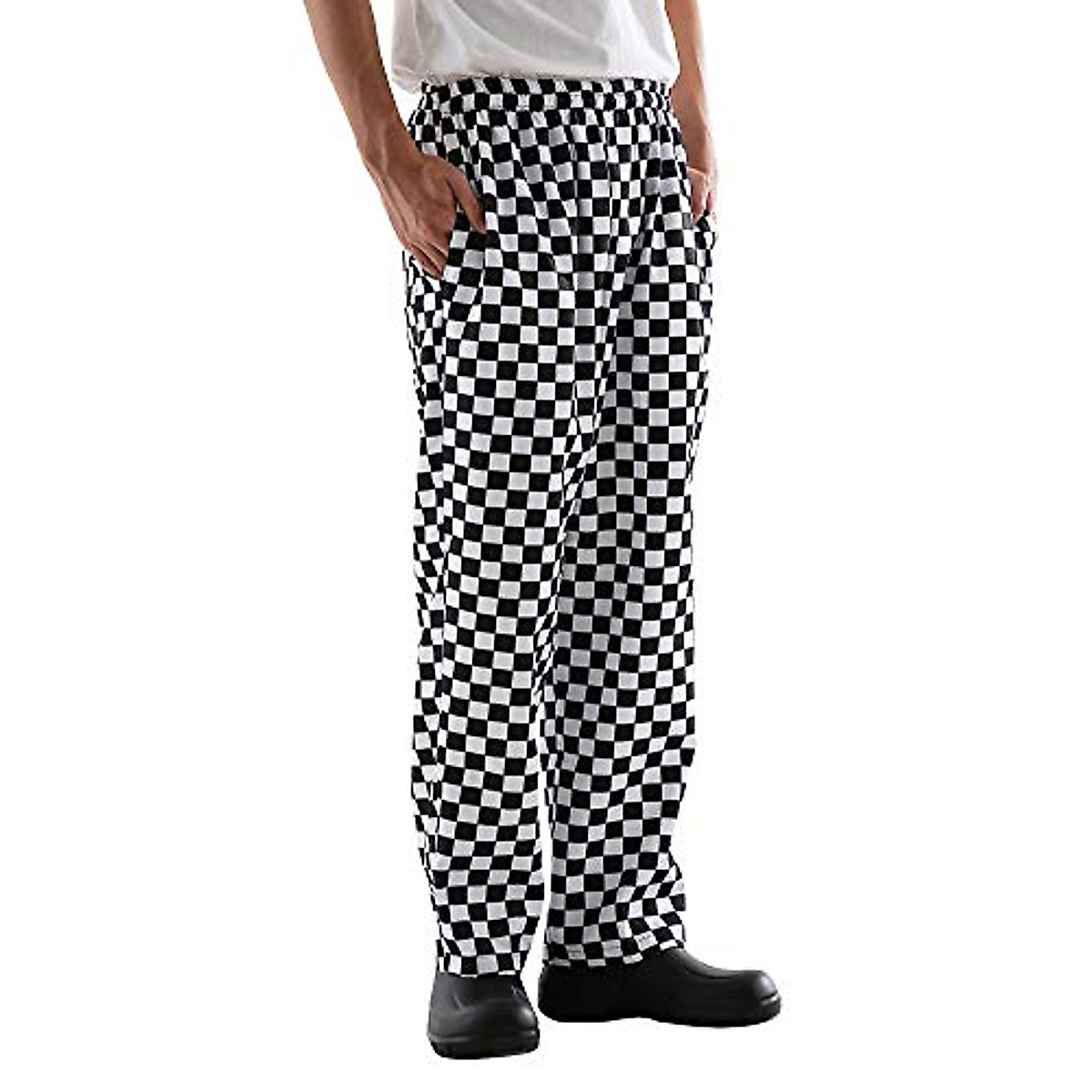Men’s Black and White Checkerboard Print Chef Pants with Elastic Waist Drawstring Baggy Chef Uniforms Blackwhite XXL