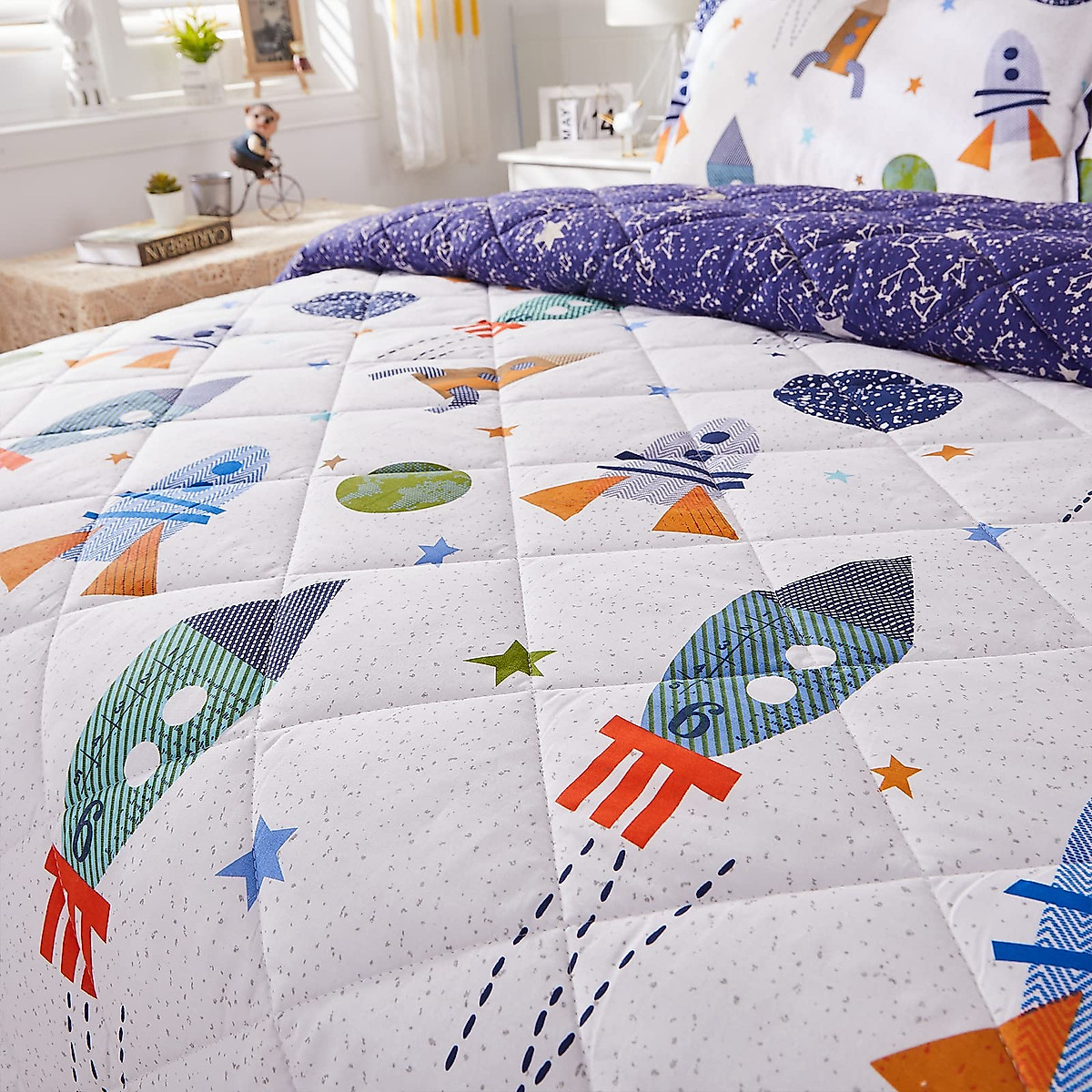 Brandream Kids Bedding Set Twin Size Space Boy Girl Cotton Comforter Set Space Rocket Galaxy Bedroom 3-Piece