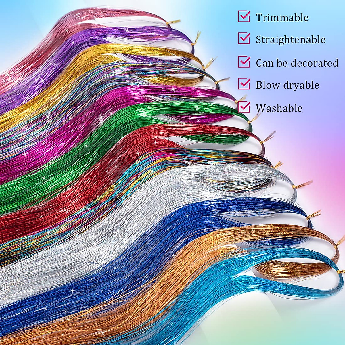 UPTOUP 46 inch Hair Tinsel Kit with Tools 12 Colors 2000 Strands Glitter Sparkling Shiny Hair Extensions Silk Fairy (12 colors)