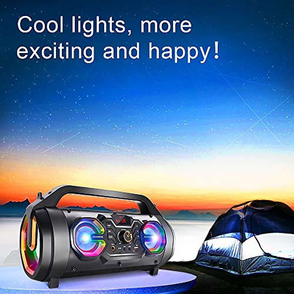 Bluetooth Speakers, 30W Portable Bluetooth Boombox with Subwoofer, FM Radio, RGB Colorful Lights, EQ, Stereo Sound, Booming Bass, 10H Playtime Wireless Outdoor Speaker for Home, Party, Camping, Travel
