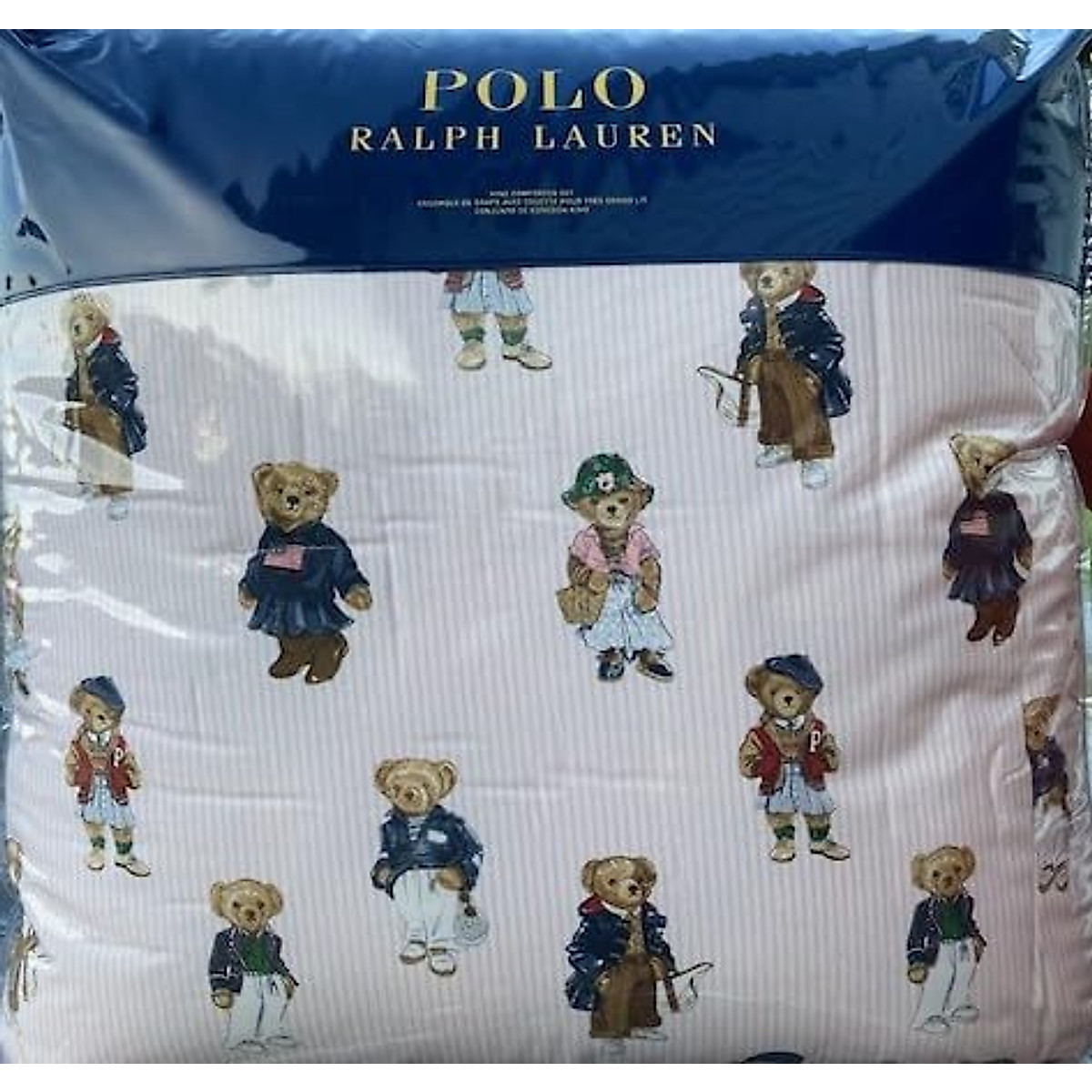 POLO RALPH LAUREN Teddy Bear Sweater Girls Pink Stripe King Comforter Set with 2 King Shams