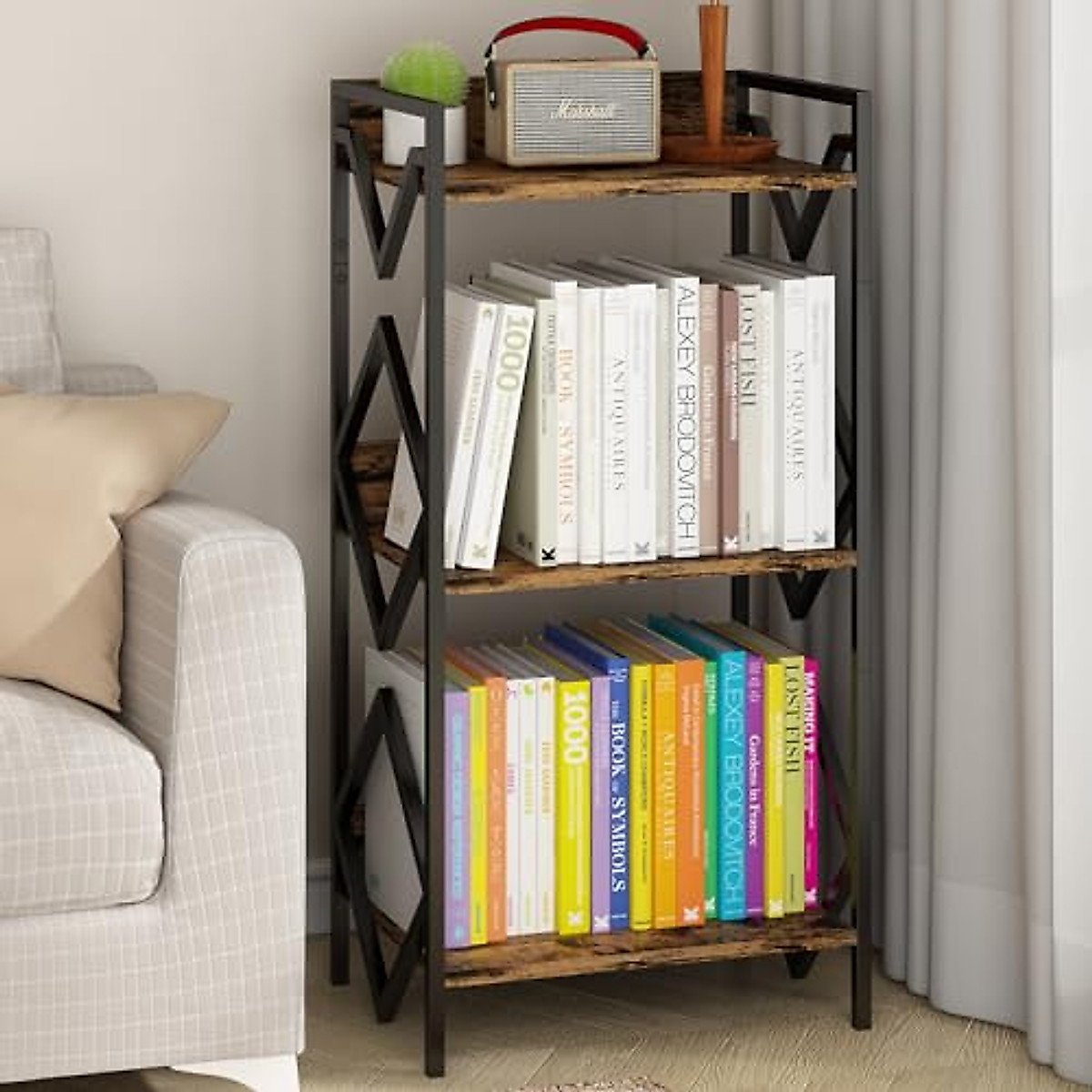 GILLAS 3 Tier Bookshelf for Small Space, Metal Shelving Unit for Book Storage Organizer for Office Living Room Bedroom, Rustic Short Stand Bookcase, End Table, Black