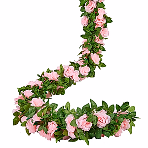 PONKING Artificial Rose Vine Flowers with Green Leaves, 3 Vine 22FT Hanging Fake Flower Garland, Roses Vine for Home Hotel Office Wedding Party Garden Craft Wall Decor, Pink