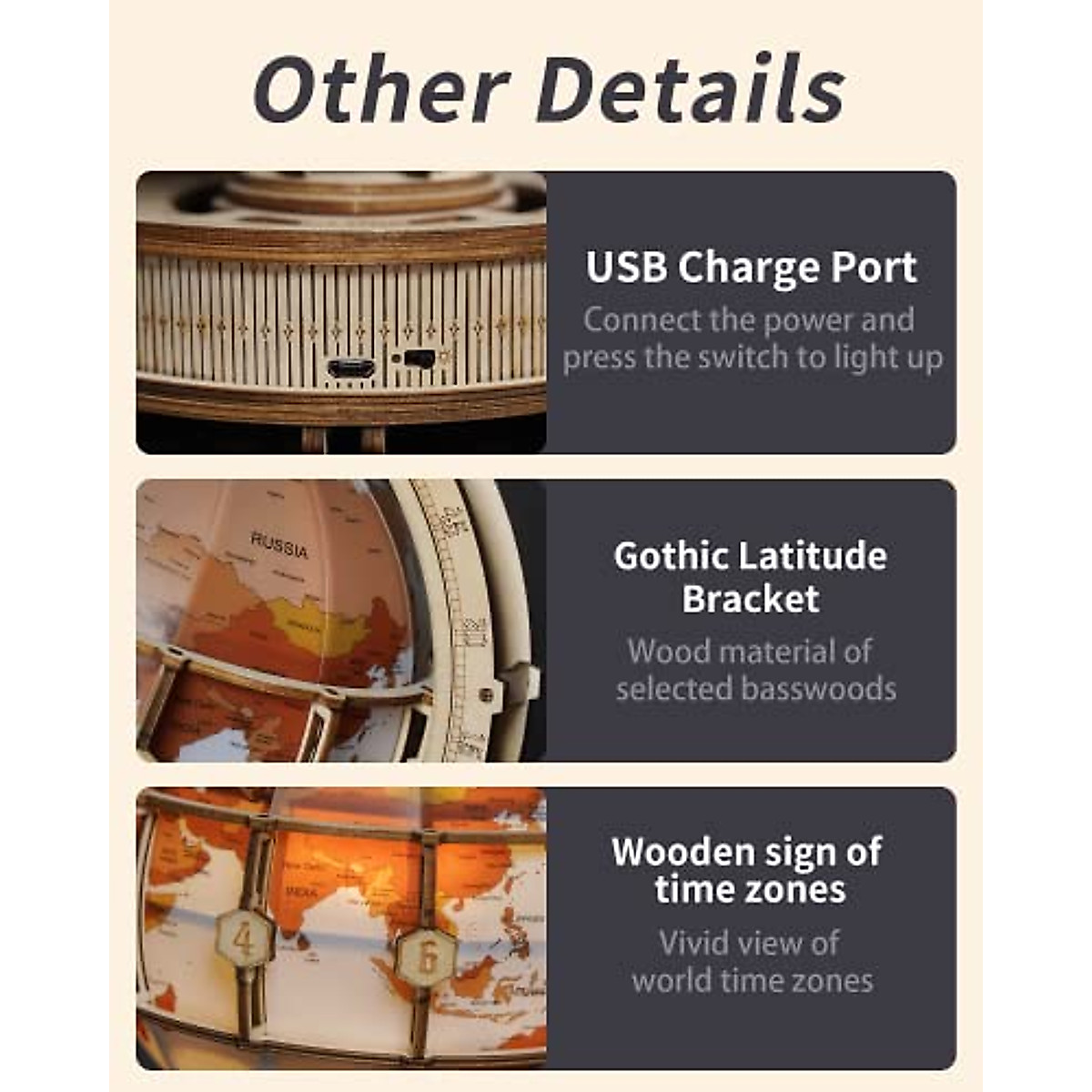 ROKR 3D Wooden Puzzles for Adults-LED Illuminated Wooden Globe Puzzle-Model Building Kits-Room Decor for Teen Girls Boys Women Men