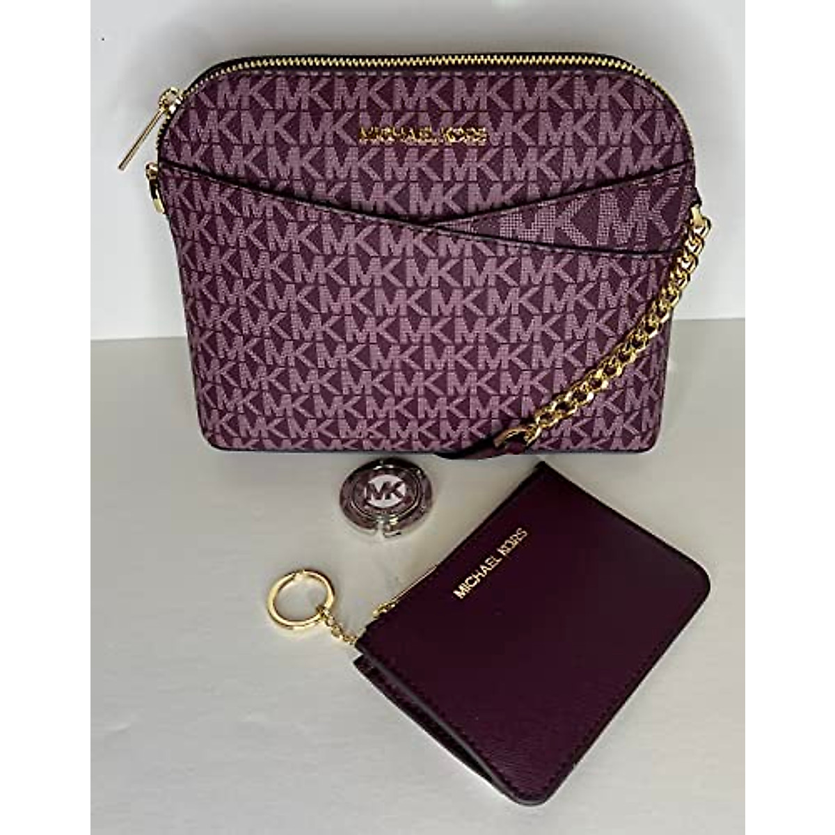 Michael Kors Jet Set Travel MD Dome XCross Crossbody bundled with SM TZ Coinpouch Purse Hook (Signature MK Bordeaux/Bordeaux)