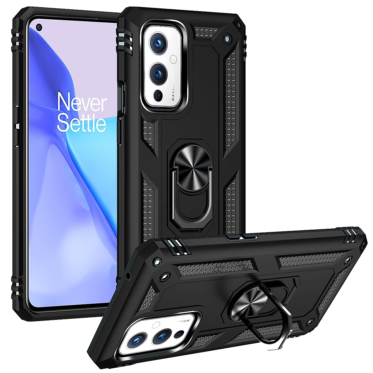 Dionsibei Military Grade Drop Impact for Oneplus 9 Case Oneplus 9 5G Case 360 Metal Rotating Ring Kickstand Holder Armor Heavy Duty Shockproof Case for Oneplus 9 Phone Case (Black)