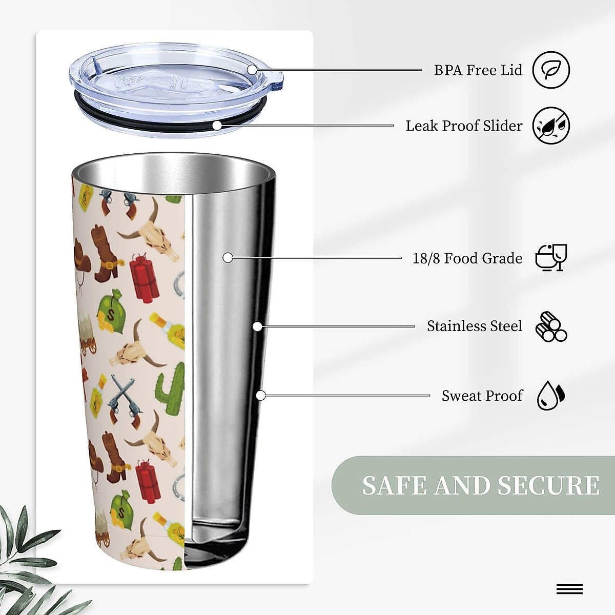 CHASOEA Western Tumbler 20oz Boho Western Stainless Steel Insulated Tumblers with Lid and Straw Beige Travel Coffee Mug Tea Wine Cups Water Bottle Western Gifts for Women