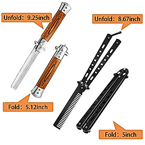 2 Pieces Wood Grain Switchblade Blade Comb Pocket Hair Brush Automatic Push Button Brush and Folding Butterfly Comb Stainless Steel Training Practice Comb Outdoor Practice Comb (Black)