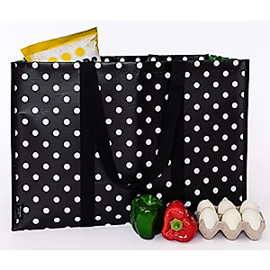 Kate Spade New York Large Reusable Grocery Bag, Oversized Tote Bag with Pockets, Black Collapsible Tote for Shopping, Picture Dot