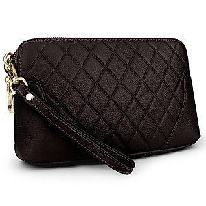 YALUXE Womens Wristlet Real Leather Quilted double zippers Large Clutch Wallet Shoulder Strap