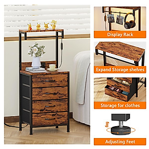 Furnulem Tall Nightstand with Charging Station, Night Stands with LED Lights and Storage Shelves, Bed Side Table for Bedroom, Hallway, Office, 4 Fabric Drawers, Rustic Brown
