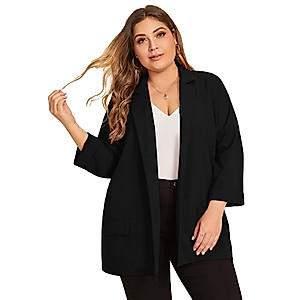 WDIRARA Women's Plus Size Long Sleeve Blazer Casual Open Front Cardigan Jacket Black 3XL