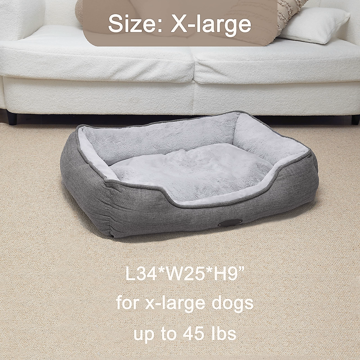 DEBANG HOME Dog Bed for Large Dogs,Medium Dog Bed for Medium Dogs,Calming Dog Beds,Anxiety Comfy Durable Pet Beds with Reversible&Washable Cushion,Square Dog Bed in Grey Color