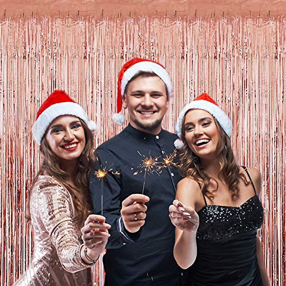 3Pcs Rose Gold Metallic Tinsel Foil Fringe Curtains, Rose Gold Foil Fringe Curtain Backdrop Metallic Tinsel Streamers Backdrop for Birthday Baby Shower Party Photo Booth Props Decoration