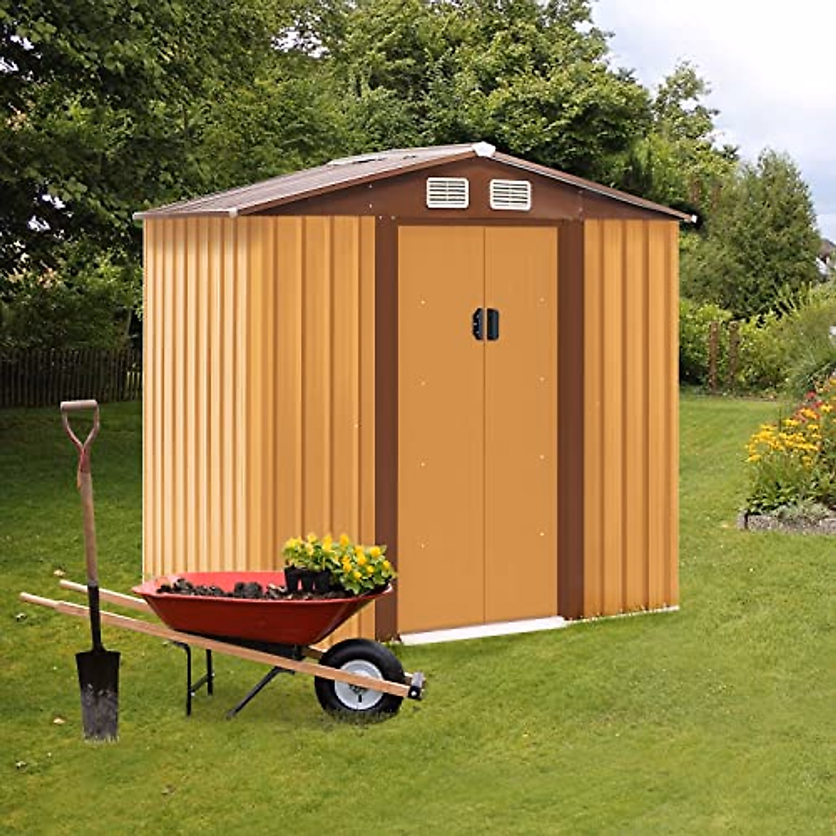 Patiomore 4×6 FT Outdoor Storage Shed Tool House Garden Steel Shed Walk-in Yellow 4x6FT
