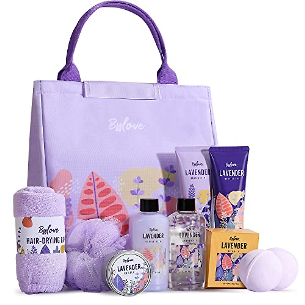 BFF LOVE Spa Gift Baskets for Women, Bath and Body Gift Set, Lavender Spa Set for Women Gift, with Candle, Bath Bomb, Bubble Bath, Relaxing Pamper Gifts for Women, Valentines Gifts for Her