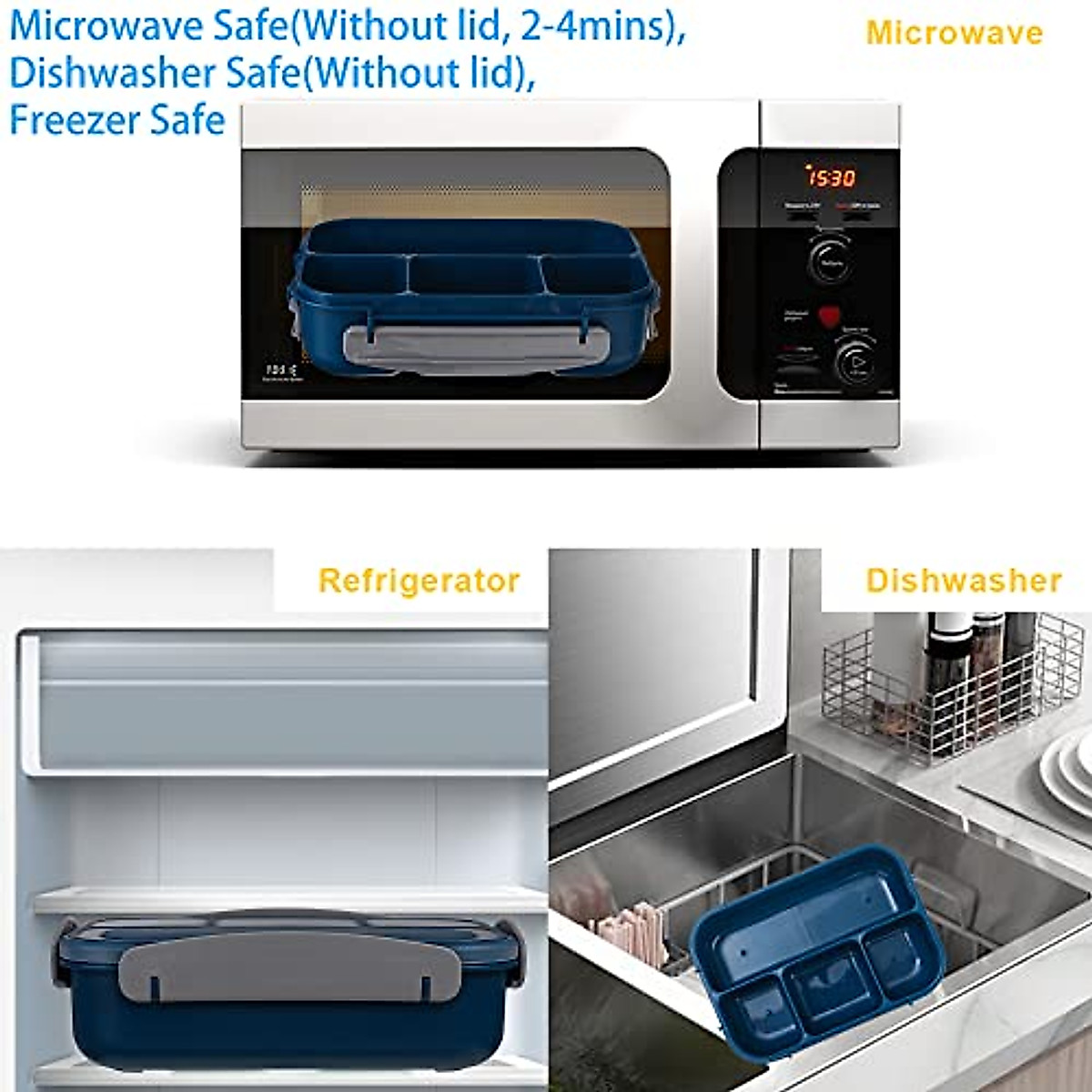 ZPIMY Bento Box Adult Lunch Box, Lunch Box Kids, 1300ML Kids Lunch Box Adult with 4 Compartment, Lunch Box Containers for Adults/Kids/Toddler, Microwave/Dishwasher/Freezer Safe (Blue)