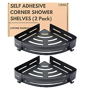 LUMAI Self Adhesive Corner Shower Shelves for Tile Walls: Black Shelves for Bathroom Wall, Adhesive Corner Shelves for Shower, Floating Corner Shelves Wall Mounted, Shower Corner Shelves (Value Pack)