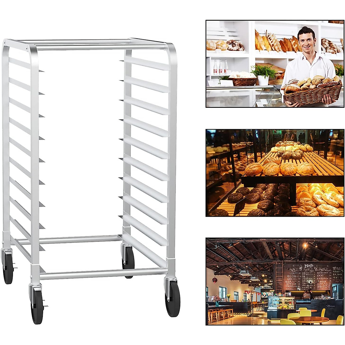 ROVSUN 10-Tiers Sheet Bun Pan Speed Bakery Tray Racks, Commercial Stainless Steel Baking Racks with Brake Wheels, Push Bread Tray Food Cart, Perfect for Kitchen/Dining Rooms