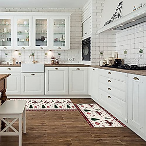 Kitchen Mat Rug Set of 2 Christmas Trees Snowflake Elks Black and Red Plaid Buffalo Beige Runner Rug Anti-Fatigue Comfort Memory Foam Standing Mat Non-Slip Floor Door Mat for Bedroom 16x24n+16x47in