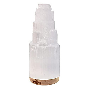 WBM Selenite Crystal Lamp 20cm, Hand Curved Morocco |Skyscraper| Crystals and Healing Stones,(ETL Certified) with Wooden Base & USB Charging Cable For Healing Cleansing & Meditation
