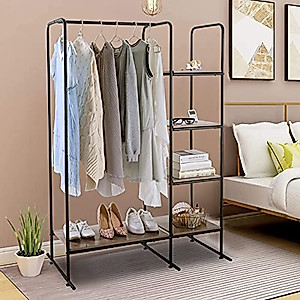Metal Garment Rack, Free Standing Closet Storage Organizer w/ 5 Shelves & Hanging Bar, Open Wardrobe Rack for Hanging Clothes and Storage, Clothes Rack for Bedroom Living Room Entryway,Black/Dark Brown(Model:2103)