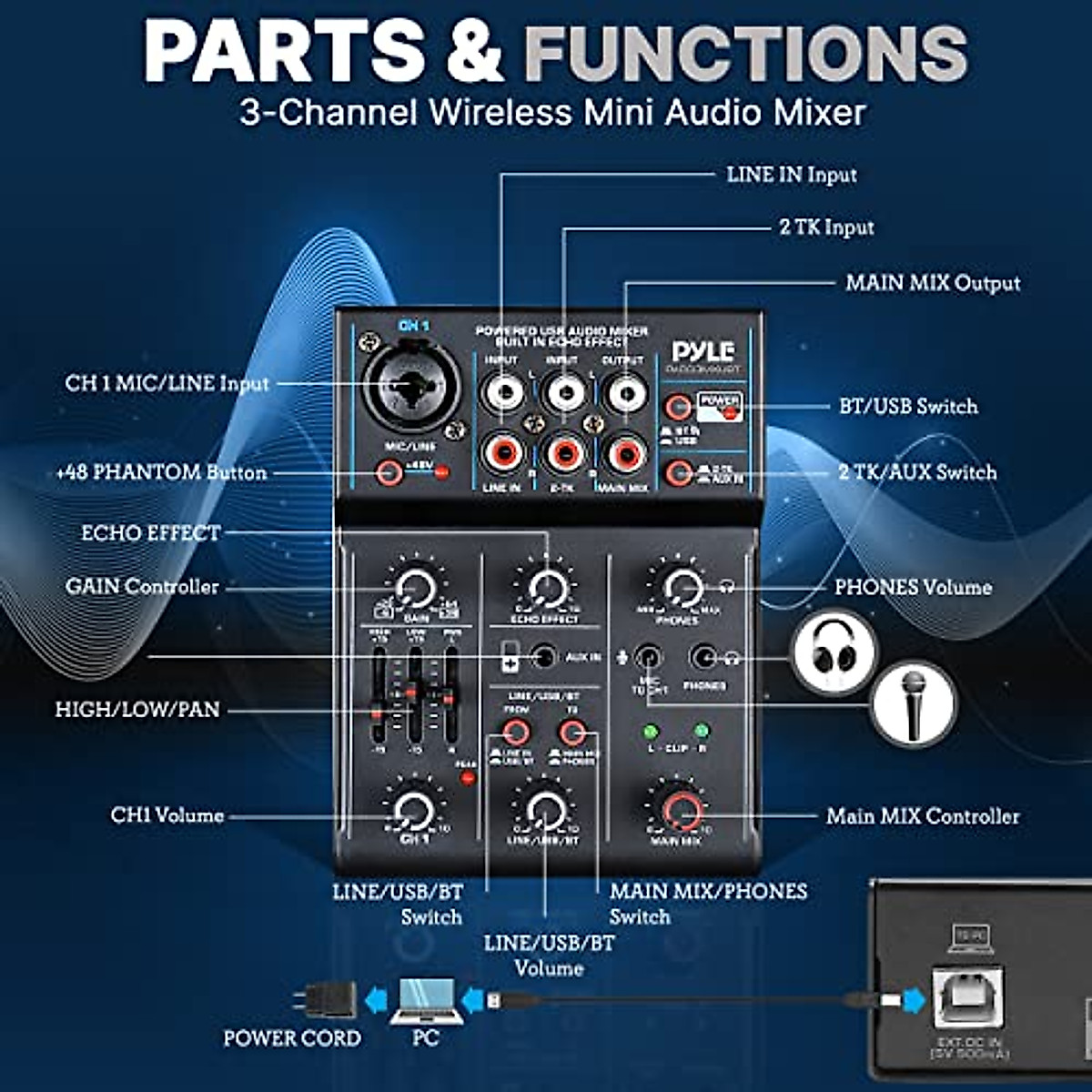 Pyle Professional Wireless DJ Audio Mixer - 3-Channel Bluetooth DJ Controller Sound Mixer w/USB Audio Interface, Combo Jack XLR+6.35mm Mic/Line/Guitar In, 3.5mm, RCA, AUX, Headphone Jack PAD33MXUBT