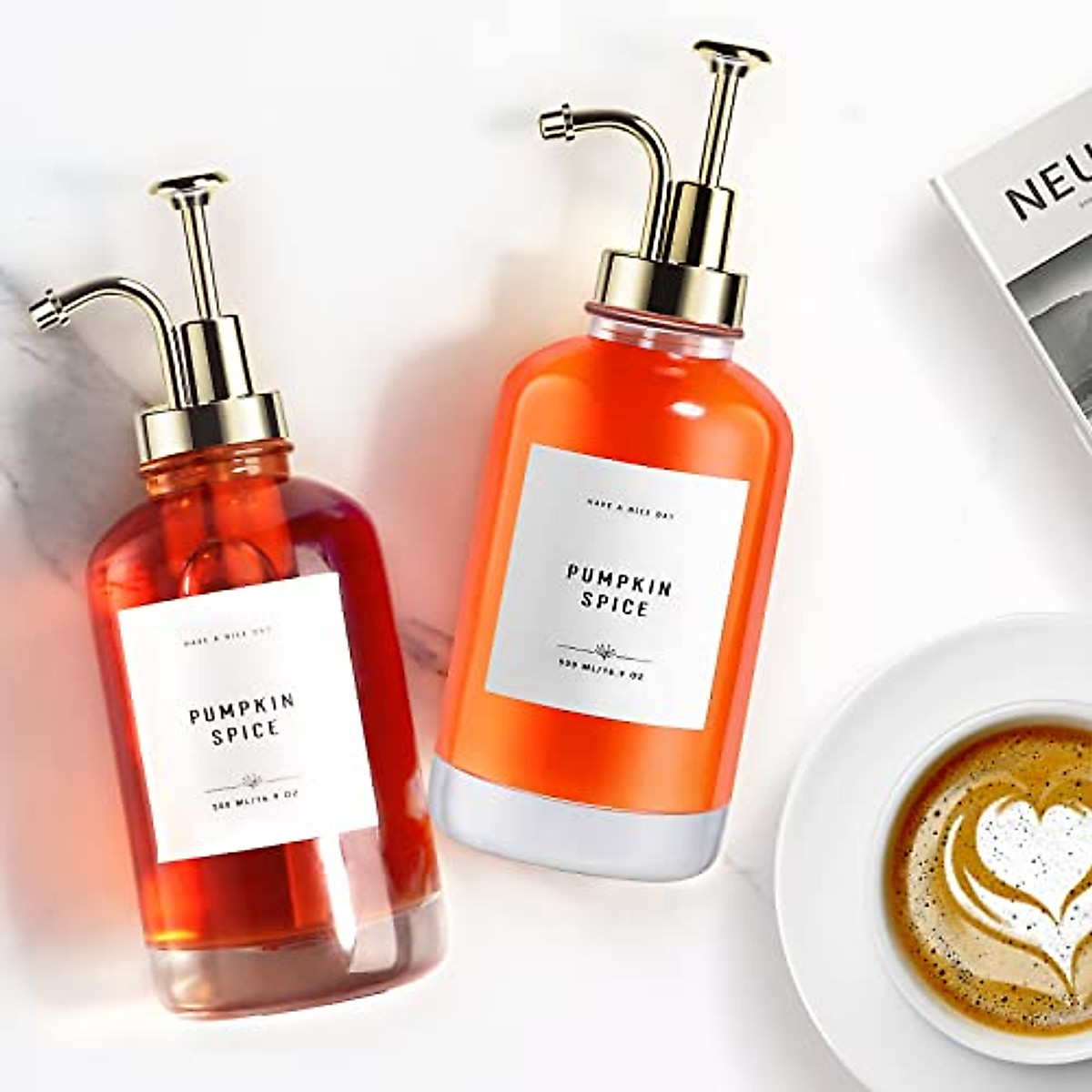 Coffee Syrup Dispenser Set w Bamboo Tray, Glass Syrup Bottles w Pump and 24 Labels, Coffee Bar Accessories, Syrup Dispenser for Coffee Bar, 2 Pack 16.9 Oz, Gold