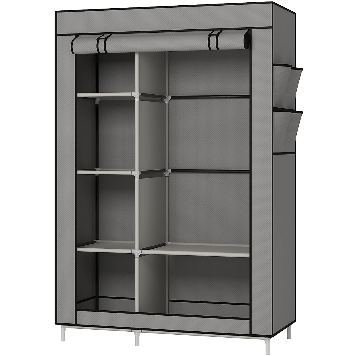Calmootey Closet Storage Organizer,Portable Wardrobe with 6 Shelves and Clothes Rod,Non-Woven Fabric Cover with 4 Side Pockets,Grey