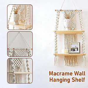 YOJO Macrame Wall Hanging Shelf,2 Tier Boho Wall Plant Hanger Shelves,Handmade Bohemian Woven Floating Shelves for Bedroom Living Room Apartment Home Decor