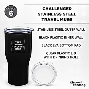 Custom Stainless Steel Travel Mugs by Challenger 28 oz. Set of 6, Personalized Bulk Pack - Perfect for Coffee, Soda, Other Hot & Cold Beverages - Black